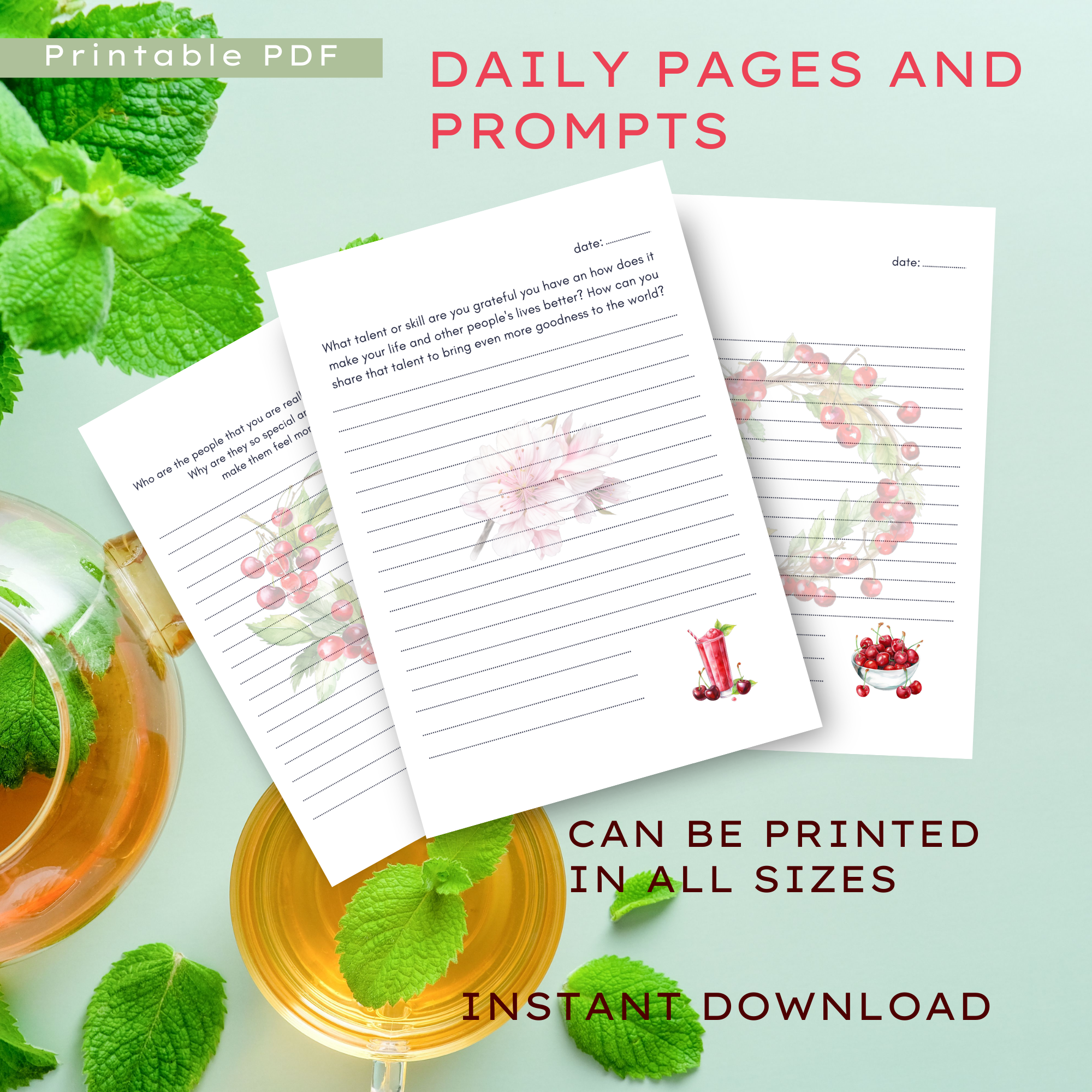 Cherry Blossom Bliss: Gratitude Mini Journal – Strawberry Mint Tea